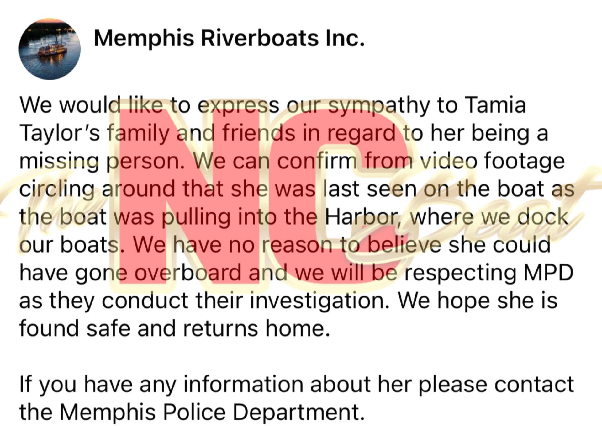 Tamia Taylor Missing After Memphis Riverboat Ride With Friends